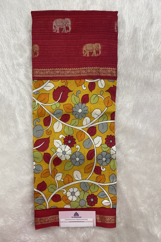 Dola Silk Saree with Traditional Kalamkari Design & Zari Border